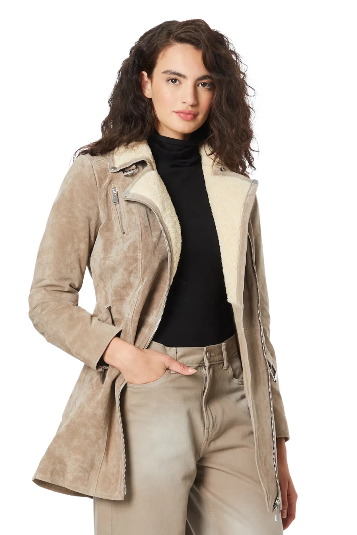 Women's Dull Yellowy Brown Suede Leather Coat With Fur Collar | New ...