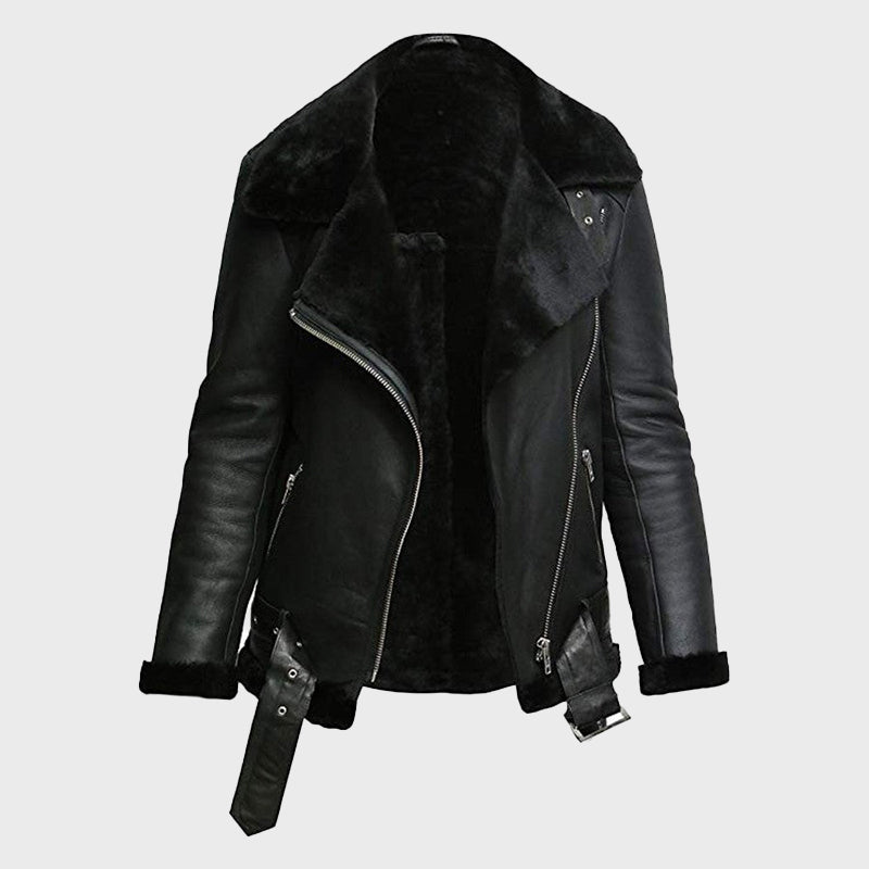Women's Black Real Sheepskin Leather Flying Jacket | New York Leather ...